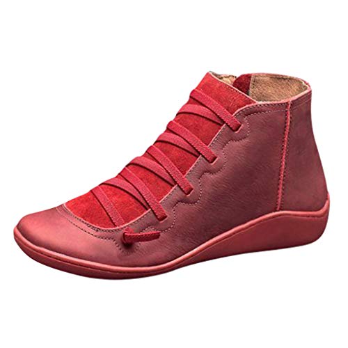 FASDNENDYS Leather Round Casual Lace-up Women's Boots Shoe Side Toe Flat Zipper Boots Boots Women Western Red