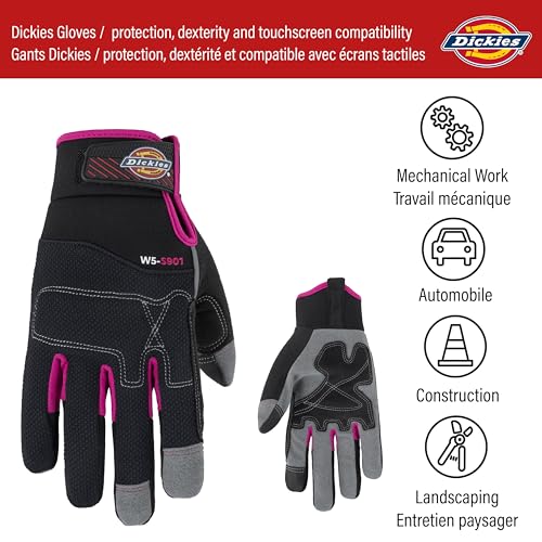 Dickies Heavy Duty Synthetic Leather Work Gloves Women, Touchscreen Compatible | Mechanic, Gardening Gloves, Black/Pink, Small