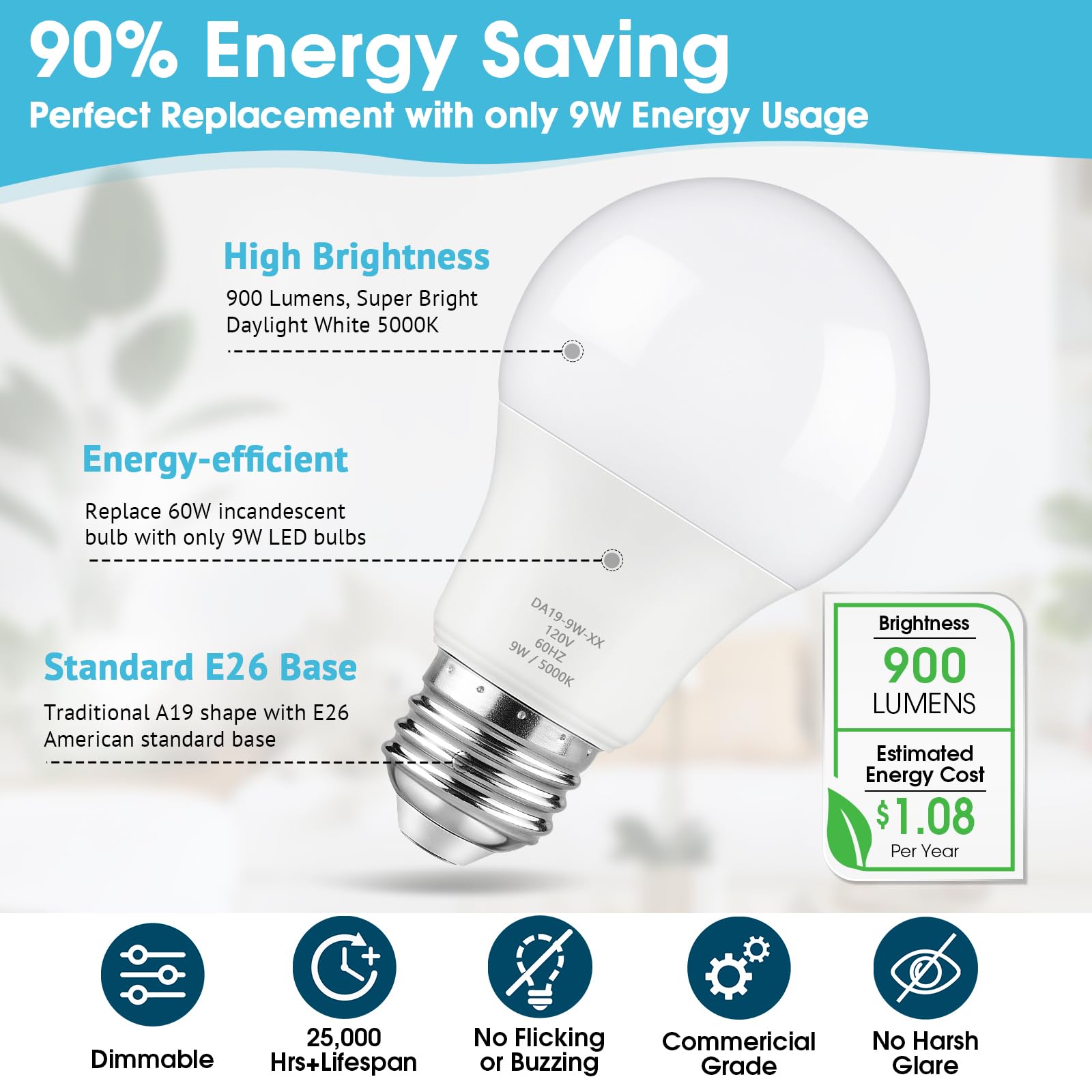 Maylaywood A19 LED Light Bulb Dimmable, 60 Watt Equivalent LED Bulbs, Daylight White 5000K, 900 Lumen, E26 Base, 9W Bright White Light Bulb, 12-Pack