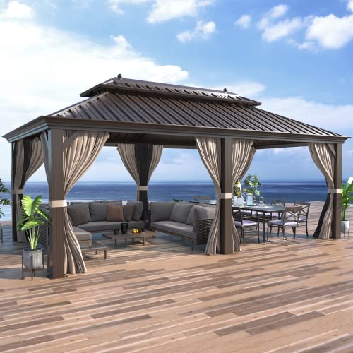 MELLCOM 12' x 20' Hardtop Gazebo,Galvanized Steel Metal Double Roof Aluminum Gazebo with Curtain and Netting,Brown Permanent Pavilion Frame for Patio, Lawn & Garden