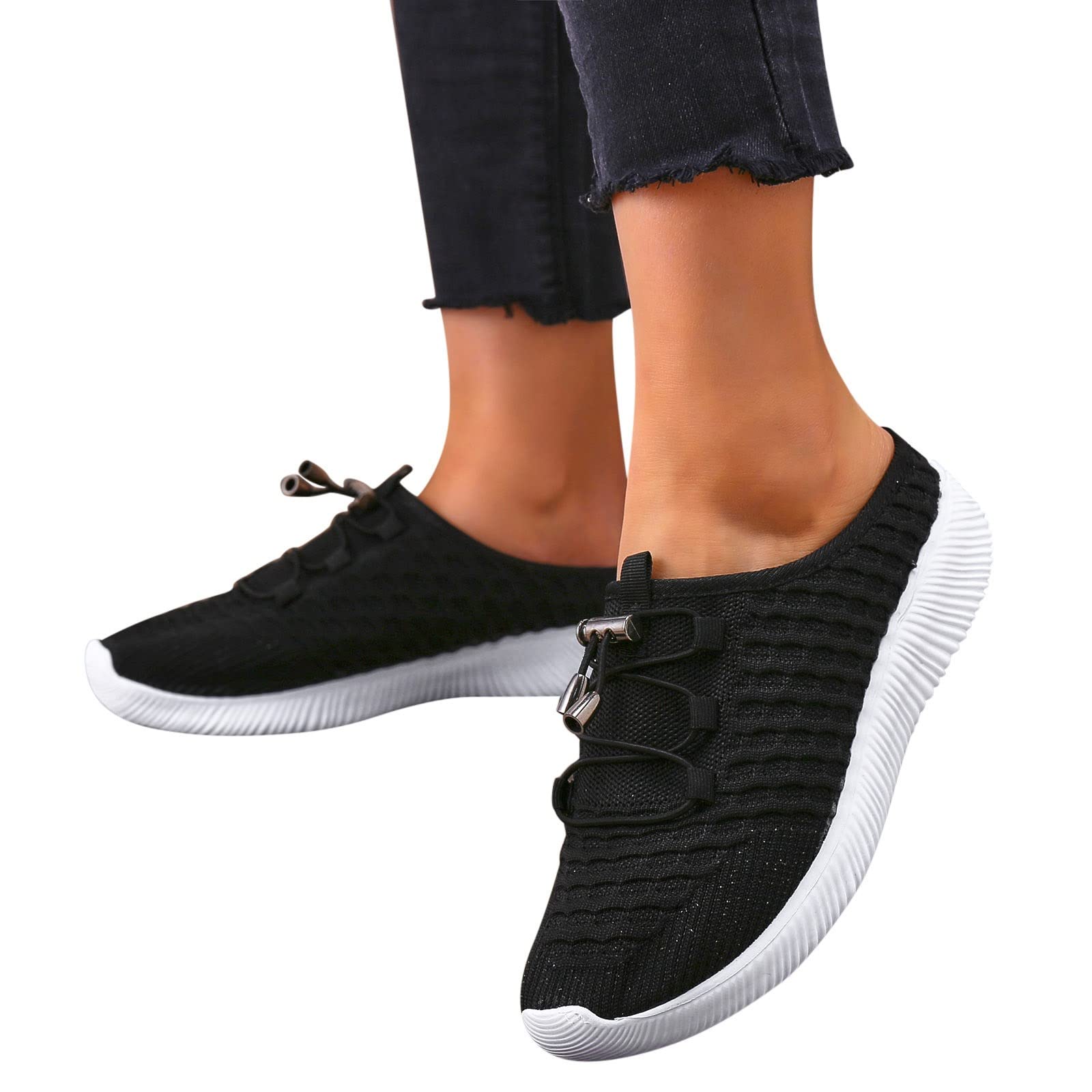 FASDNENDYS Ladies Fashion Solid Color Breathable Mesh Lightweight Flat Casual Women Water Shoes Size 11 Black