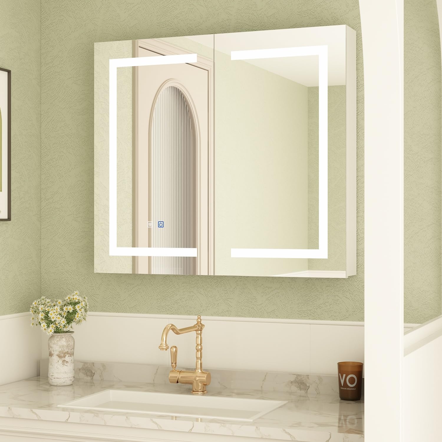 MOUMON Medicine Cabinet with Mirror for Bathroom, LED Lighted Mirror Cabinet with Anti-Fog, Wall-Mount Bathroom Mirror with Storage Shelves, Adjustable Lights, 2 Doors, White, 5.1”D x 35.4”W x 31.5”H