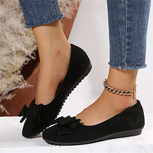 FASDNENDYS Ladies Fashion Solid Color Flock Bow Round Toe Comfortable Flat Casual Shoes Casual Flat Leather Shoes for Men Black