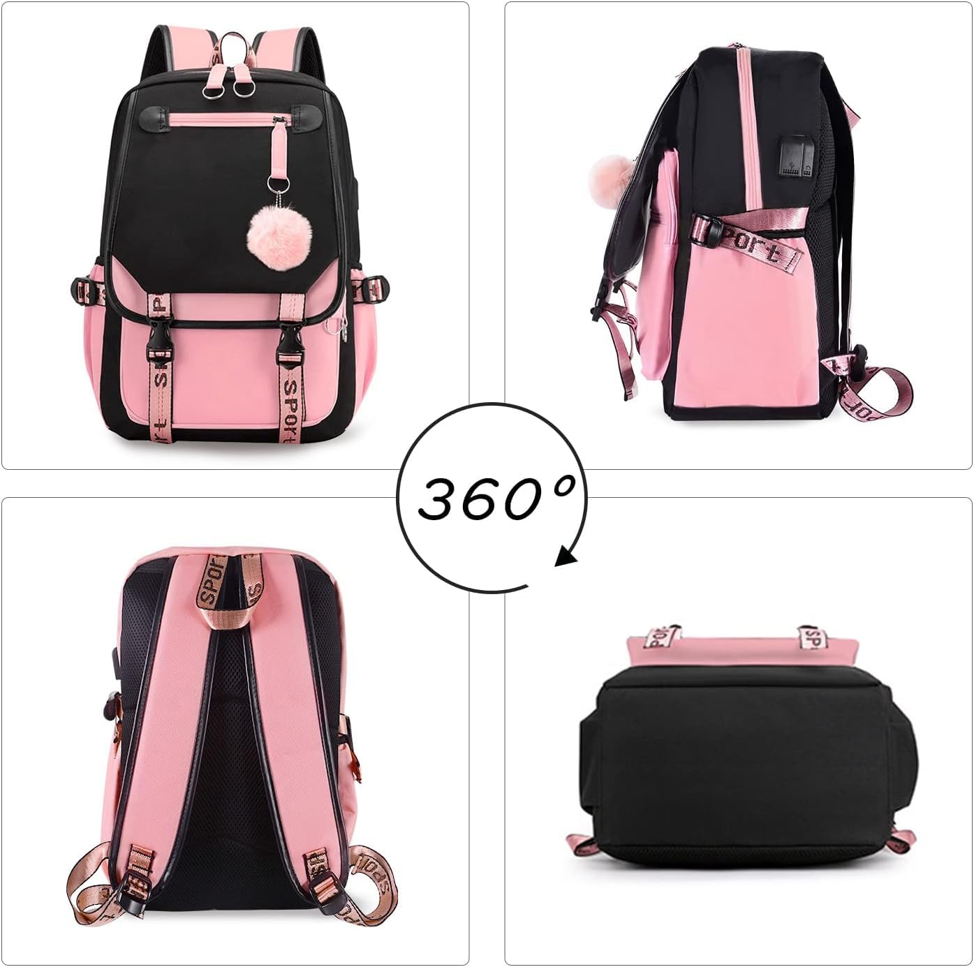 Digi4U Girls Backpack Middle School Students Bookbag,School Backpack with USB Charge Port for Teens Girls Women 3+ Years(Blackpink)