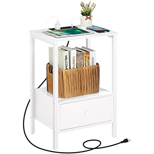 melos Side Table with Charging Station, Nightstand with USB Ports & Power Outlets, Narrow End Table with Drawer and Storage Shelf for Small Spaces, Bedside Tables for Bedroom, Living Room, White