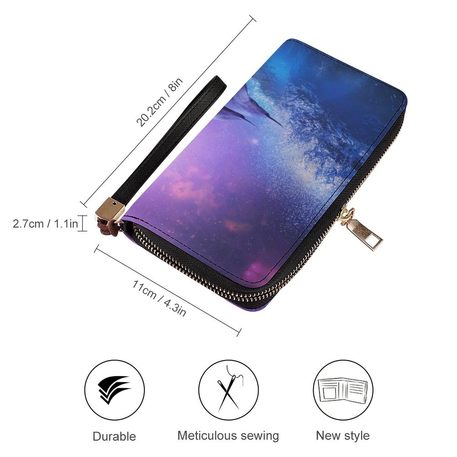 FKLCTIN Beautiful Dolphins Surfing Wave Womens Wallet PU Leather Large Wristlet Phone Holder Zip Around Clutch Purse