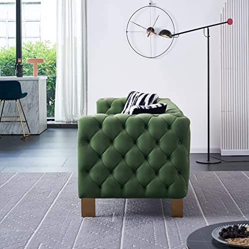 Melpomene Modern Button Tufted Velvet Sofa, Chesterfield Sofa with Square Arm,Gold Metal Legs and 2 Throw Pillows for Living Room(Mint Green)