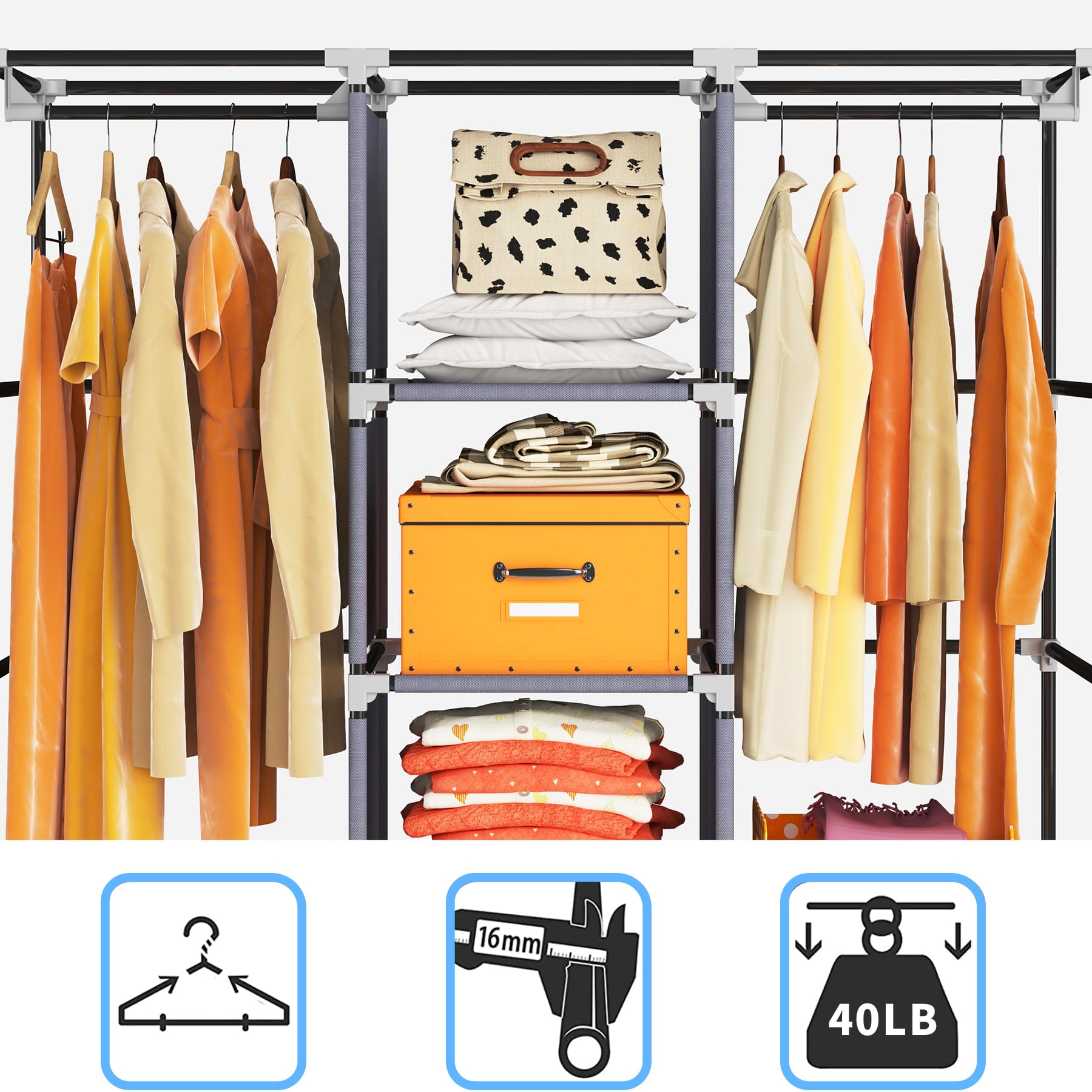 ZVZHM Portable Closet, 53 Inch Wardrobe Closet for Hanging Clothes with 2 Hanging Rods, 8 Storage Organizer Shelves, Non-Woven Fabric, Quick and Easy to Assembly, Grey