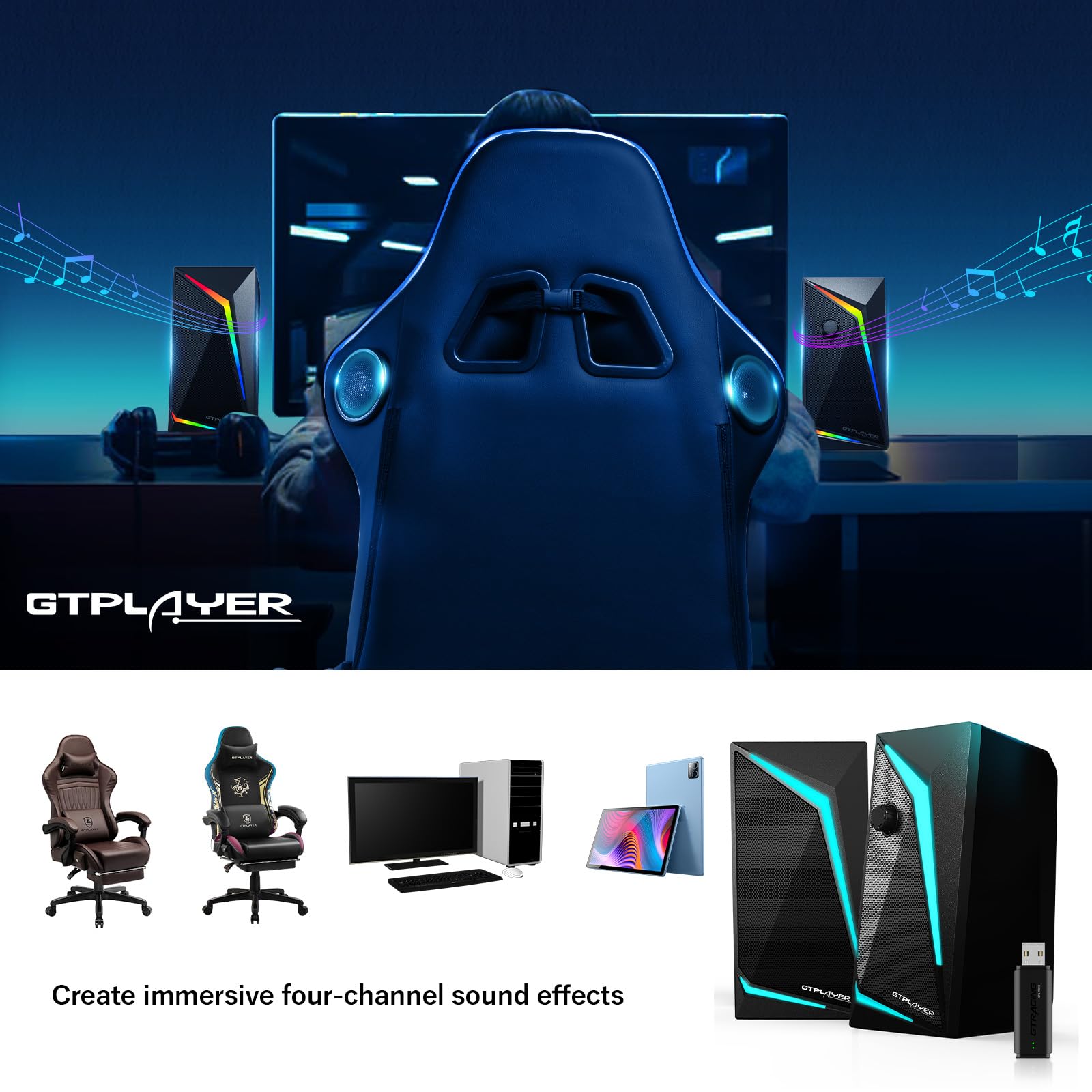 GTPLAYER Computer Speakers, USB Powered RGB Gaming Speakers, Bluetooth for Desktop, PC, Laptop, Tablets and GT Family Music Gaming Chair