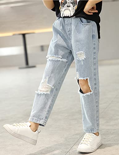 QIBABU Kid Big Girl's Baggy Ripped Jeans Elastic Waist Washed Denim Pants for 8-14 Years(0865-Blue-14Y-QB)