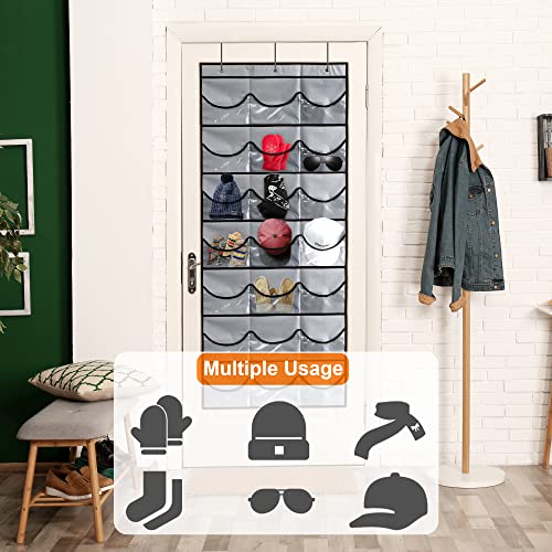 kingdalux Baseball Hat Rack 24 Pocket for Wall or Over The Door Cap Organizer with Clear Deep Pockets, for Hat Storage & Ballcap Caps Display Holder, Complete with Over Door Hooks