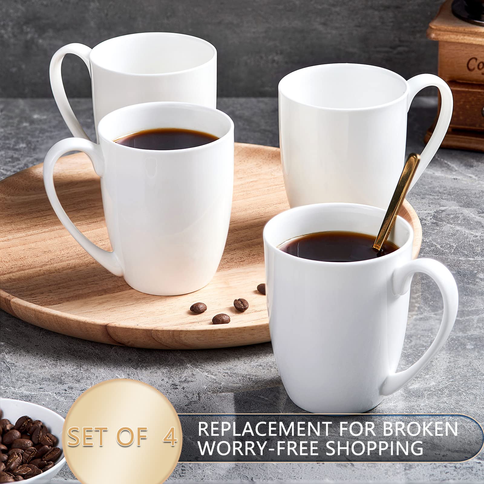Gang Rinpoche 12 oz Fine Bone China Coffee Mugs, Over 45% Bone Content of Mugs, Durable Porcelain Coffee Mugs Sets, White Ceramic Tea Milk Cups Set of 4, Lightweight Christmas Bright Mugs