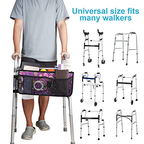 Walker Basket Foldable Walker Storage Bag with Two Split Boards and Six Non-Slip Straps Big Capacity Walker Basket Tote Organizer Never Tipping Over Ideal for Senior, Universal Size (PurpleButterfly)