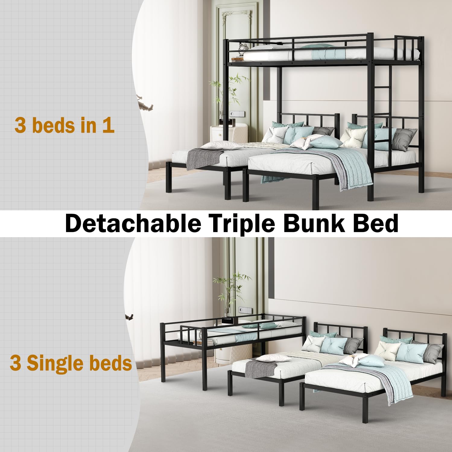 Morhome Triple Bunk Bed Twin Over Twin, Metal Triple Twin Bedframe with Safety Guardrail and Ladder, 3 Twin Bunk Beds for Kids/No Box Spring Needed/Easy Assemble