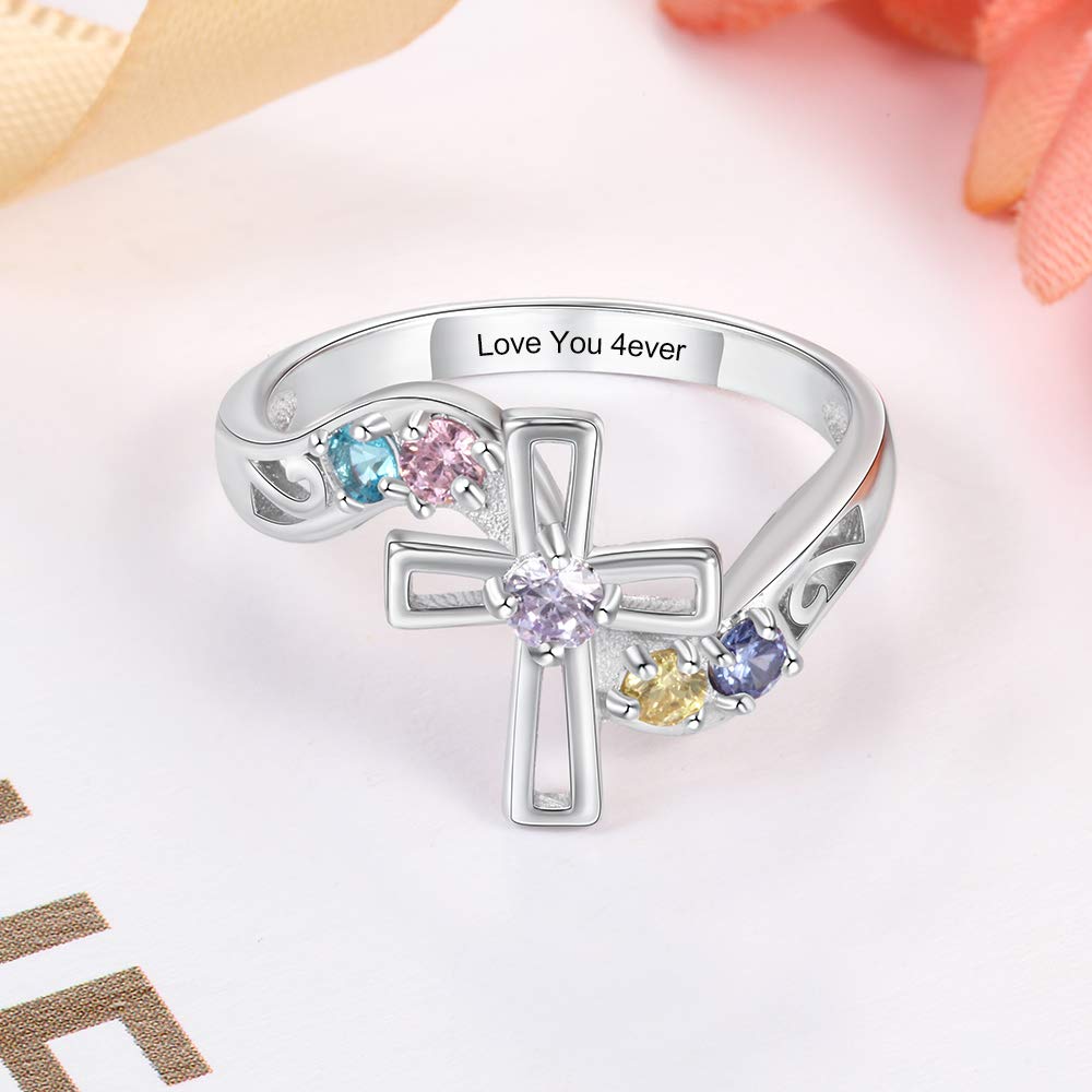 GLAMCARAT Personalized solid silver Cross ring with name and birthstones engraved ring for her religious jewelry Christian customized ring for women