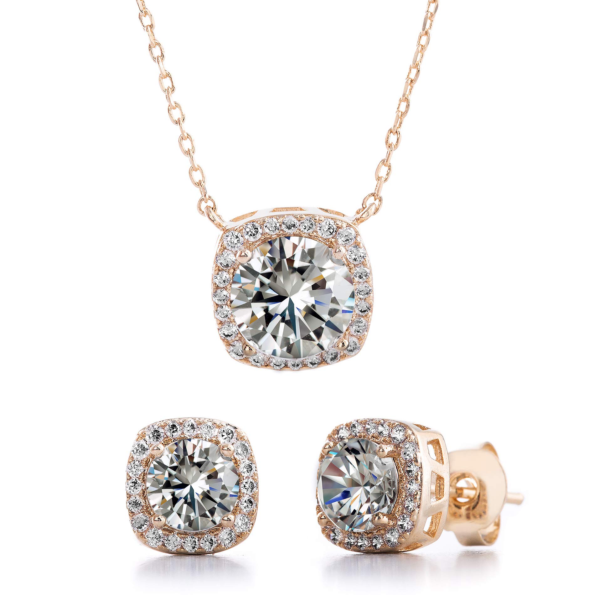 Devin Rose Stud Halo Cushion Shaped Earrings for Women and 18 Inch Necklace for Women Jewelry Set made with Faceted Crystals in Rose Gold Plated Brass Pink