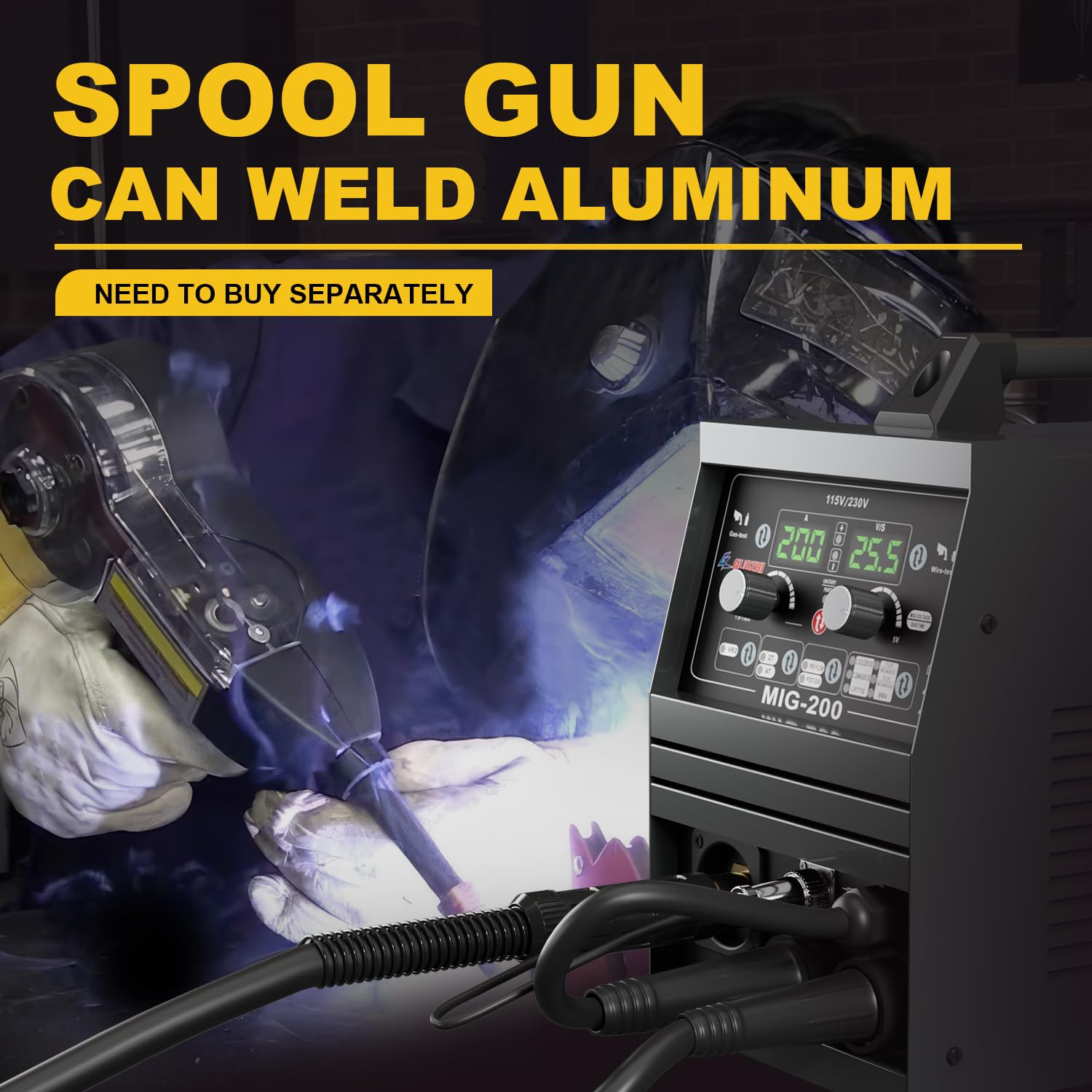 GZ GUOZHI 200A MIG Welder, 6 in 1 Stick Welder/Gas MIG/Gasless Flux Core MIG/Lift TIG/Spot welding/Spool Gun Multi-Process, 110V/220V Welding Machine with Dual LCD Digital Display (US Connector)
