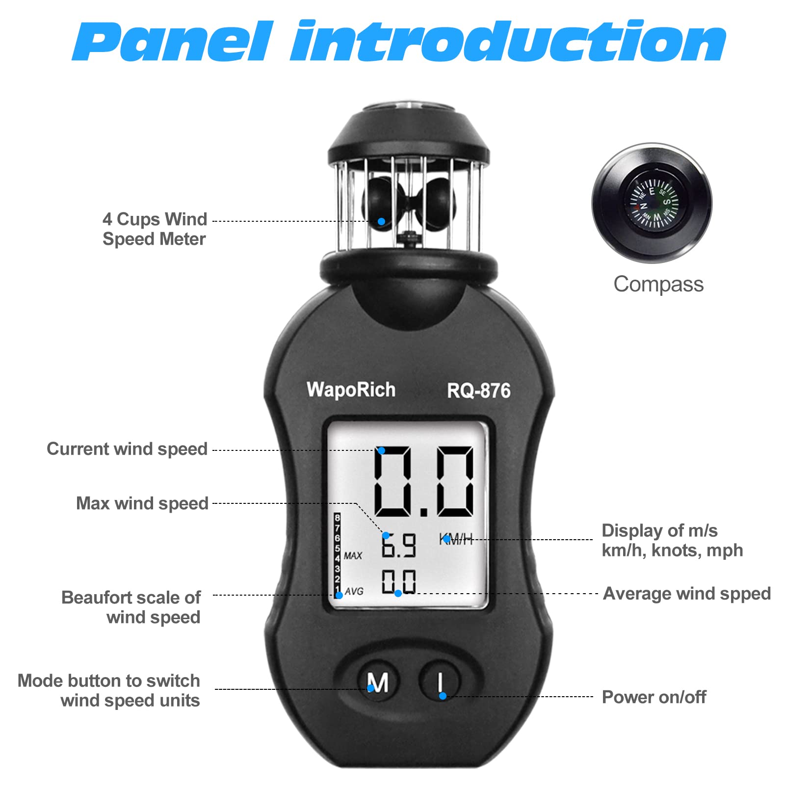 Digital Anemometer Handheld Wind Speed Meter with 360°Rotation Wind Senser with Big LCD Back-Light for Wind Speed/Wind Temperature/Max/Avg for HAVC, Drone Flight, Fishing, Shooting -RQ-876