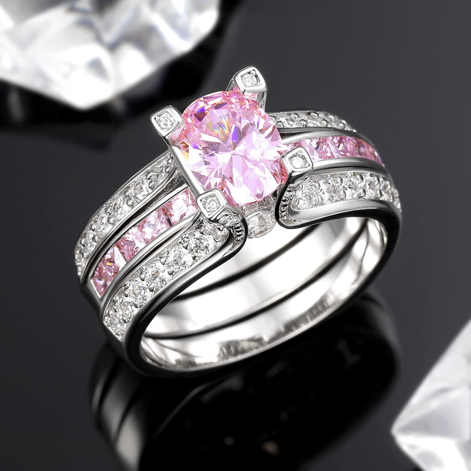 Engagement Promise Rings,18K White Gold Plated Three-in-One Oval Pink Cubic Zirconia Wedding Ring Set for Women bride (5)