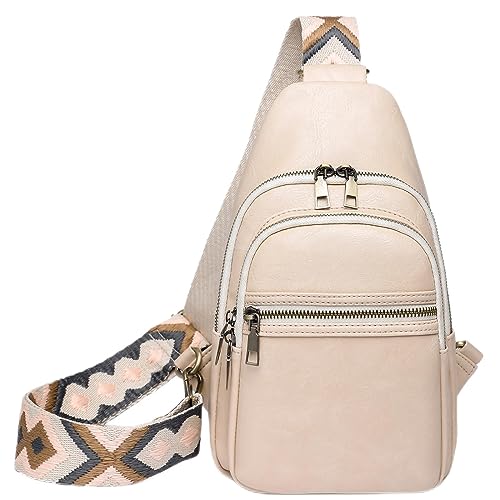 Osunnus Sling Bag for Women Crossbody Purses Trendy PU Leather Small Sling Backpack Chest Bag for Women with Wide Guitar Strap, Beige