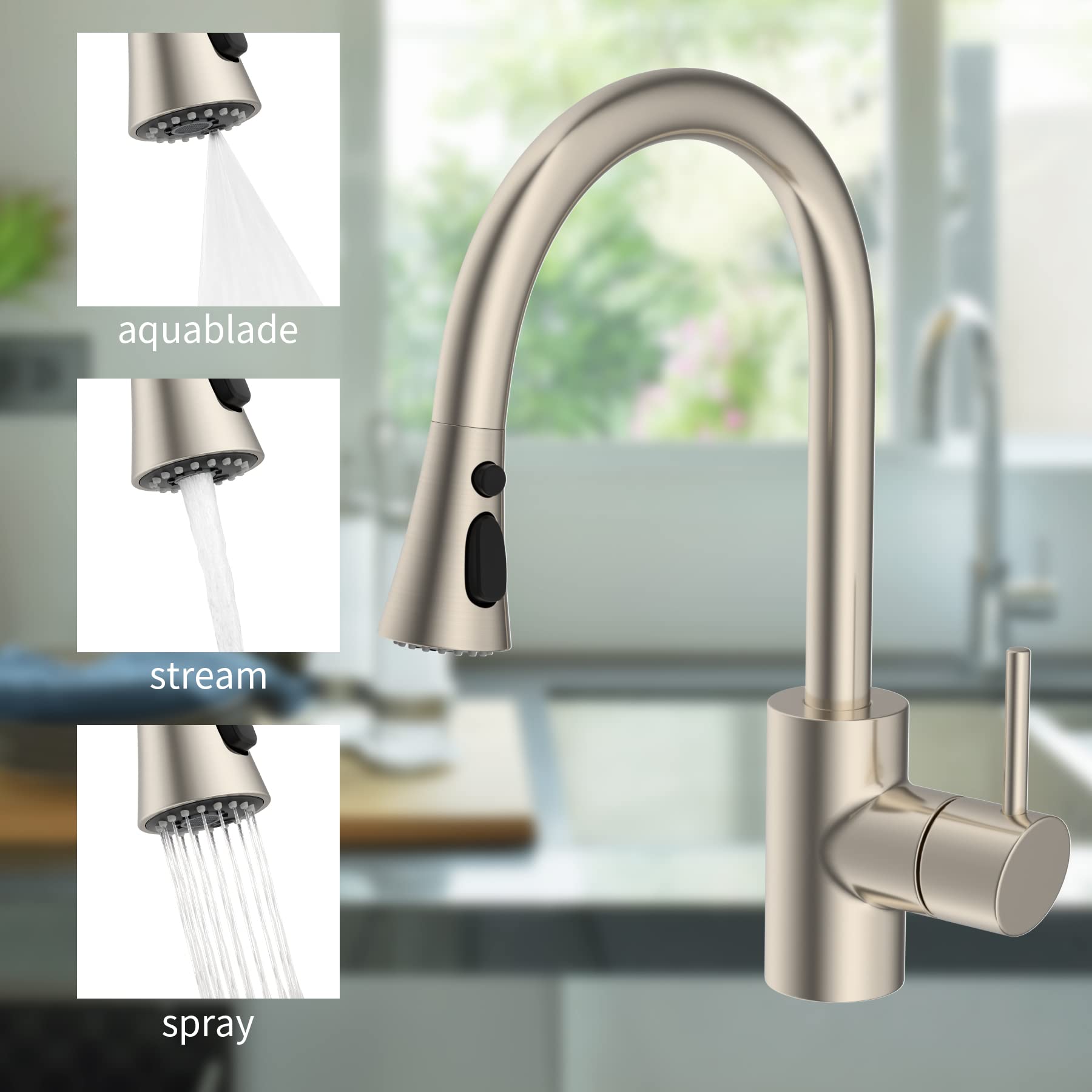 Hibbent Pull Down Kitchen Faucet Head Replacement, 3-Function Kitchen Faucet Head Sink Spray Nozzle with 9 Adapters Compatible with Moen, American Standard, Delta, Kohler Faucets, Brushed Nickel