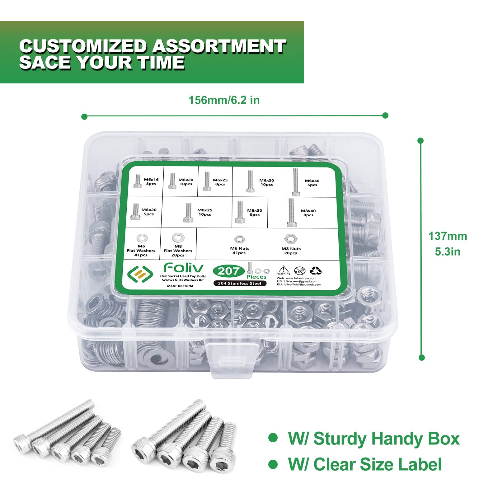 FOLIV M6 M8 Socket Head Hex Socket Cap Screws Bolts Nuts Washer Assortment Kit with 304 Stainless Steel Drive Bright Finish Full Thread Allen Hex 207PCS