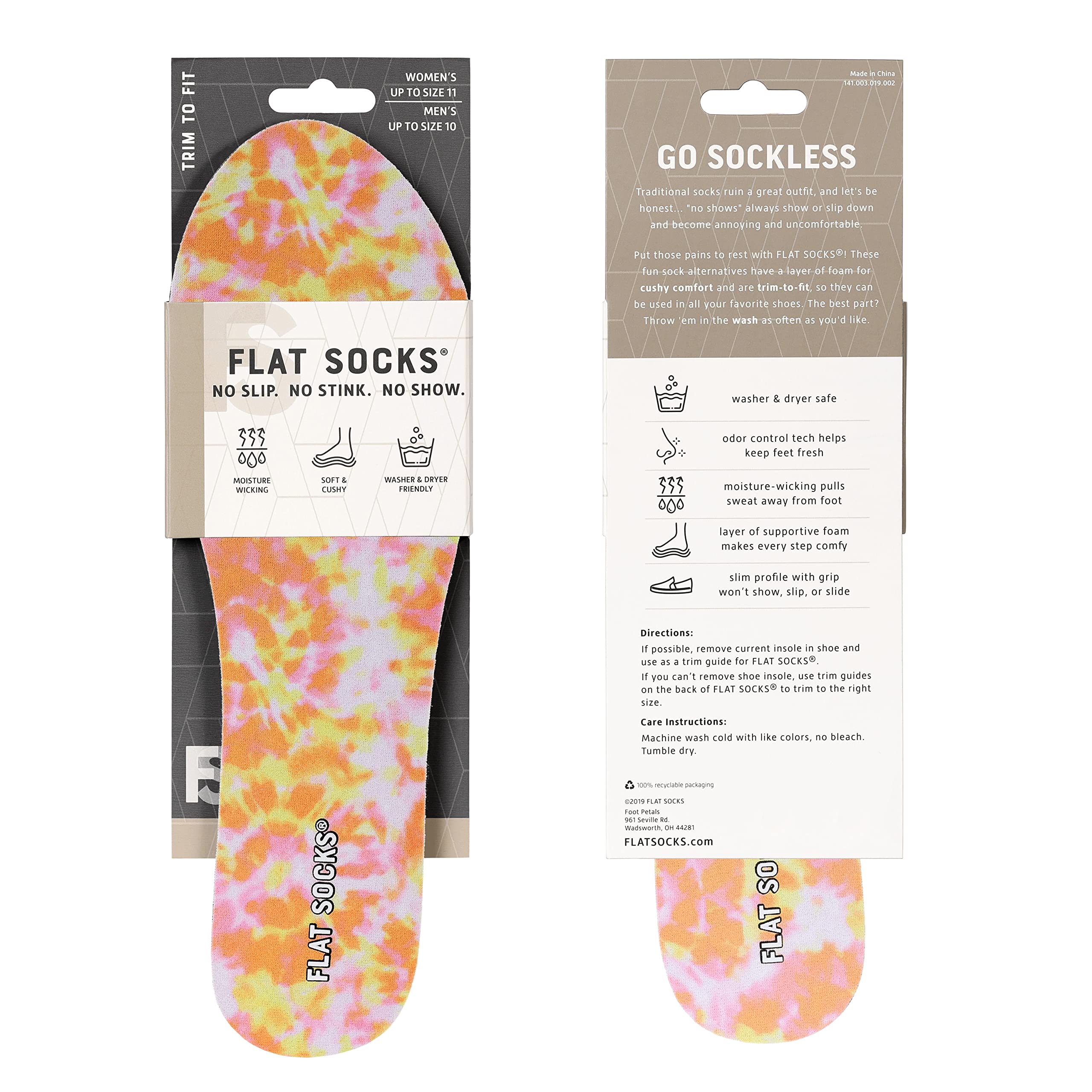 FLAT SOCKS No Show Socks, Sockless Shoe Liner, No Slipping, No Stinking, Washable Barefoot Shoe Insert for Men and Women, Citrus Tie Dye, Large