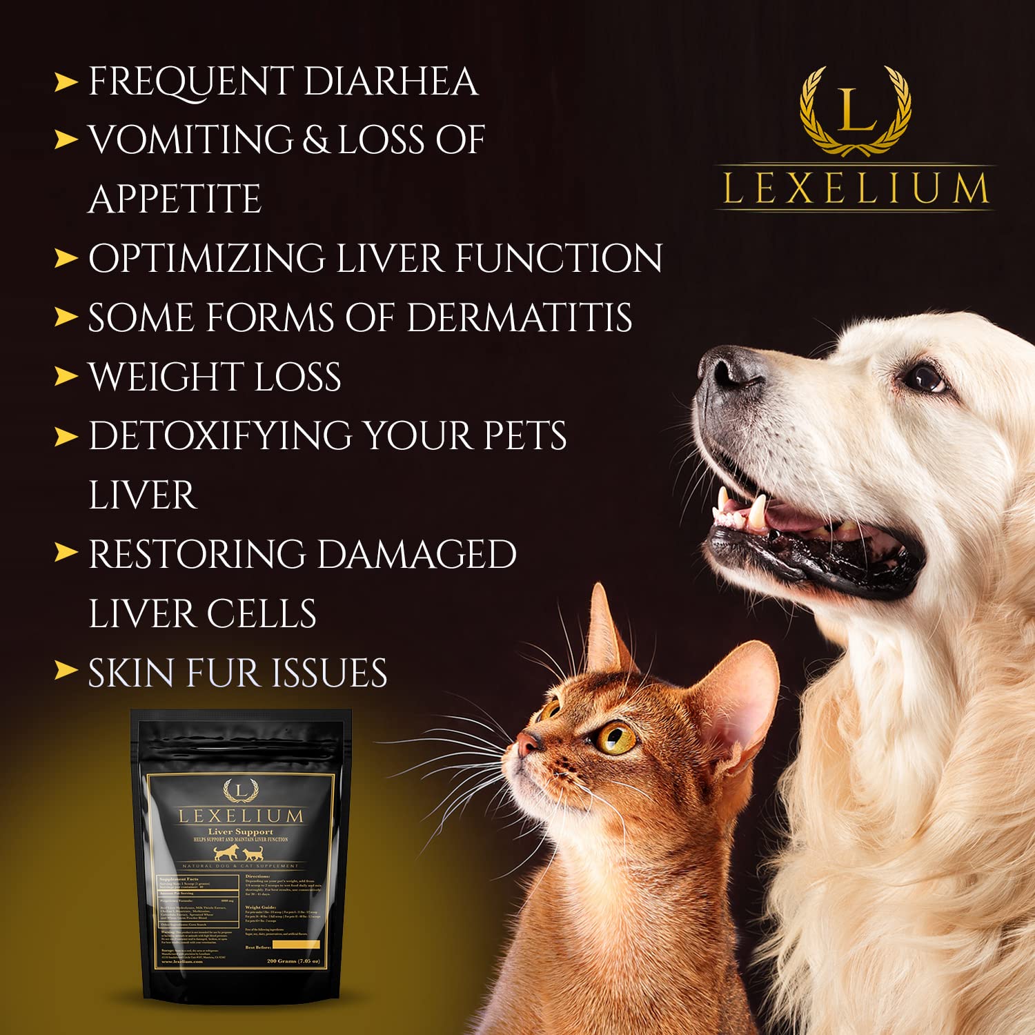 Lexelium Liver Support Supplement for Dogs and Cats - Great for Detoxing and Helps Kidney, Liver & Skin Function - Cat Liver Support - Milk Thistle + Lysine + Choline Bitartrate + Methionine β 200g