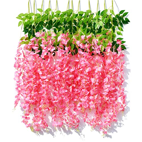 Mandy's 12pack Hot Pink Flowers Flowers Artificial Silk Wisteria Vine Ratta Hanging Fake Plants 43” for Home Party Wedding Decorations