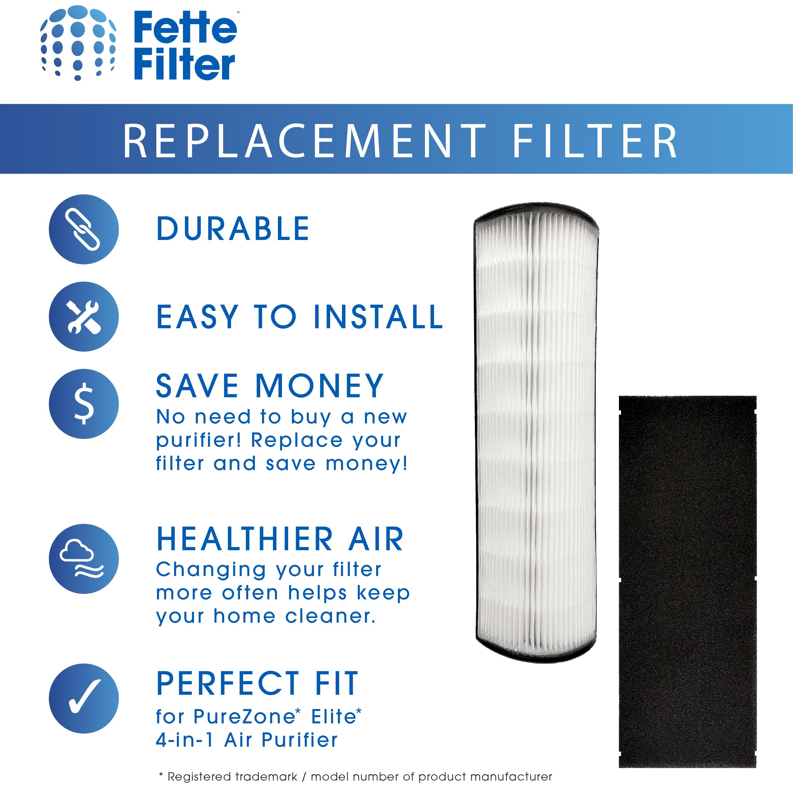 Fette Filter - Premium 2-in-1 True HEPA Replacement Filters Compatible with Pure Enrichment PureZone Elite 4-in-1 Air Purifier (PEAIRTWR) (Pack of 2)