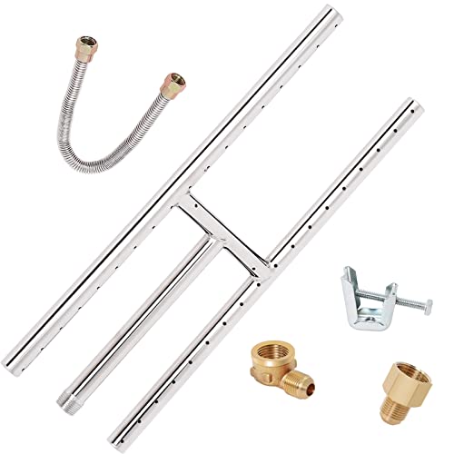 H Burner for Gas Fireplace - 18 Ć 6" - Non-Whistle Stainless Steel Flexible Flex Gas Line - with Connection Kit, for Fireplaces, Fire Pit & Indoor Outdoor Natural Gas Fire Table