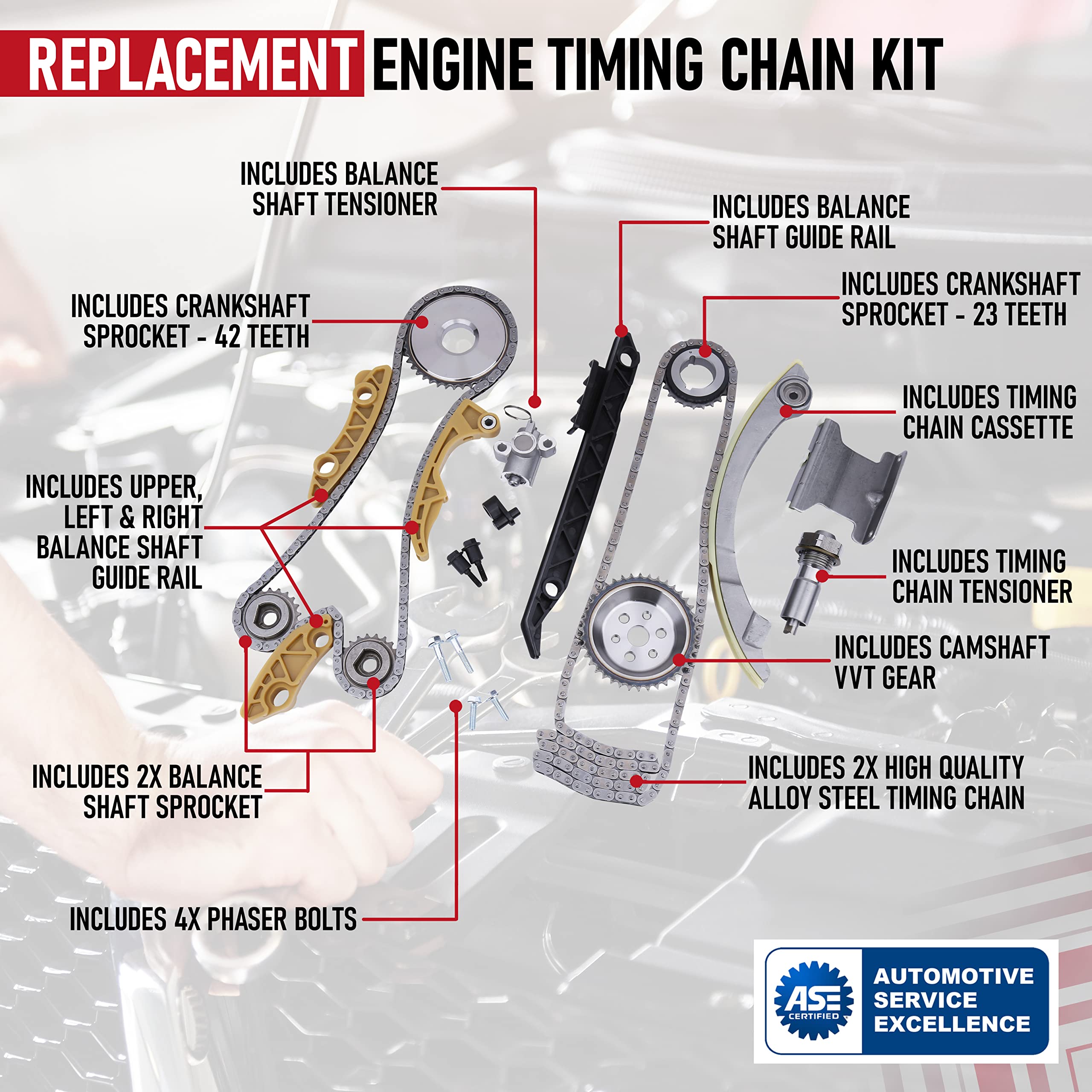 Engine Timing Chain Kit - Compatible with Buick, Chevy, GMC, Pontiac and Saturn - 2.0L, 2.2L, 2.4L - LaCrosse, HHR, Malibu, Terrain, G5, G6, Saab - Replaces 9-4201S, 12680750, 94201SX