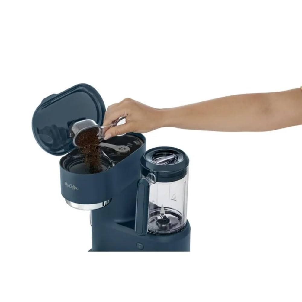 Mr. Coffee 3-in-1 Single-Serve Frappe, Iced & Hot Coffee Maker & Blender w/Reusable Filter, Scoop, Recipe Book, 2 Tumblers, Lids and Straws, Navy Blue