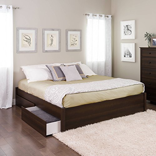 Prepac Select King 4 Post Platform Bed with 4 Drawers, 83" L x 79" W x 16" H, Espresso & King Bookcase Headboard, Espresso