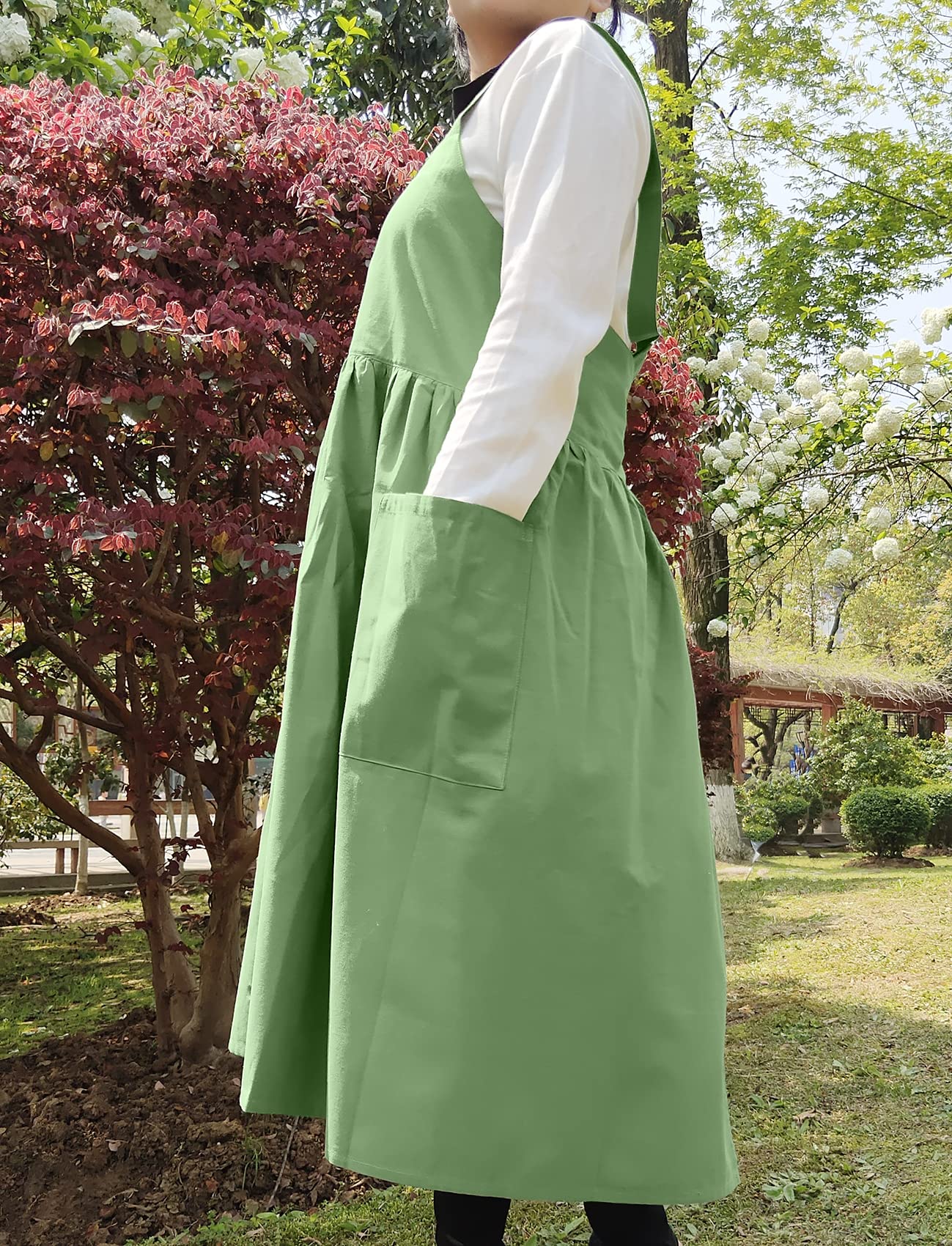 losofar Cotton Linen Square Dress Overalls Kitchen Gardening Solid Color Apron Flower Shop Smock (Green, 92cmx110cm)