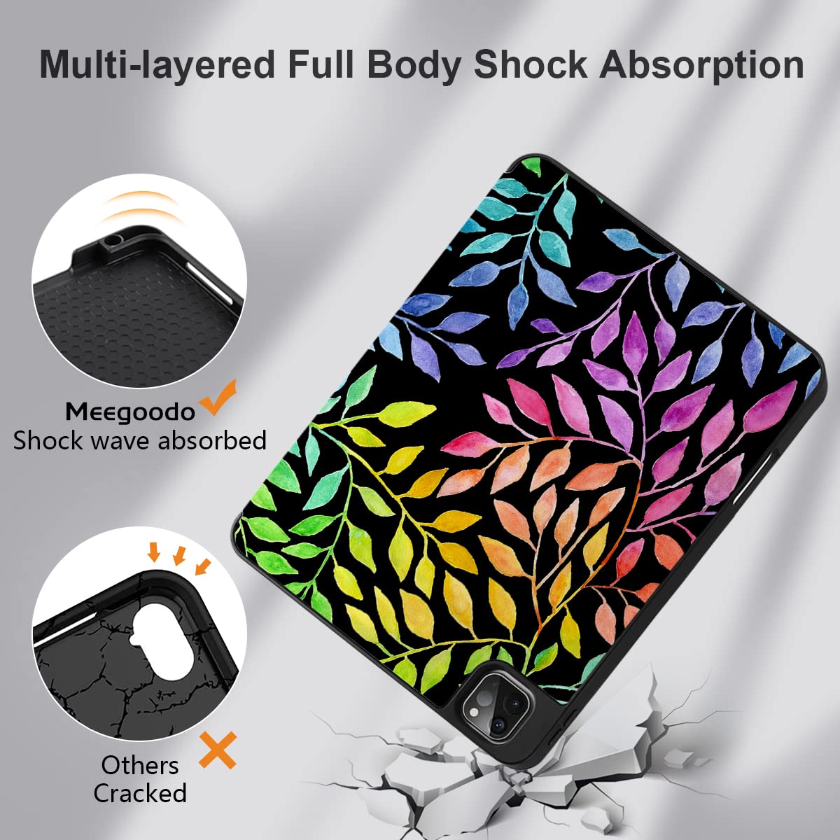 MEEgoodo Case for M2 iPad Air 13 inch Cover 2024/iPad Pro 12.9 Case M2 6th/5th/4th/3rd Generation 2022 2021 2020 2018, Protective Tablet Cases with Soft Back Shell for Kids,Watercolor Leaf