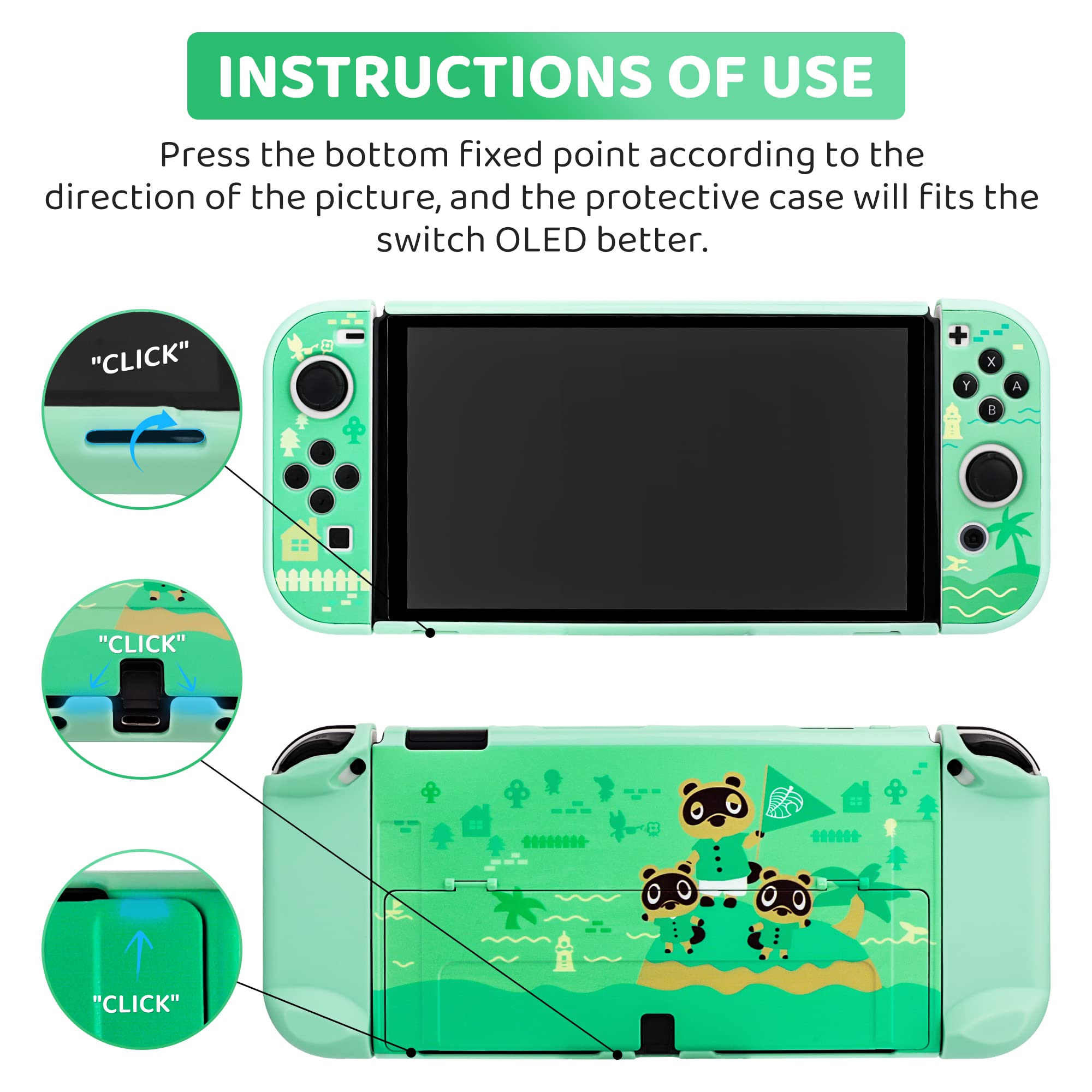 GLDRAM Cute Case Compatible for Nintendo Switch OLED Cover, Green Protective Case for Switch OLED Console and Joy Con Controller, Hard PC Shell with 2 Thumb Grip Caps - for Animal Crossing Island