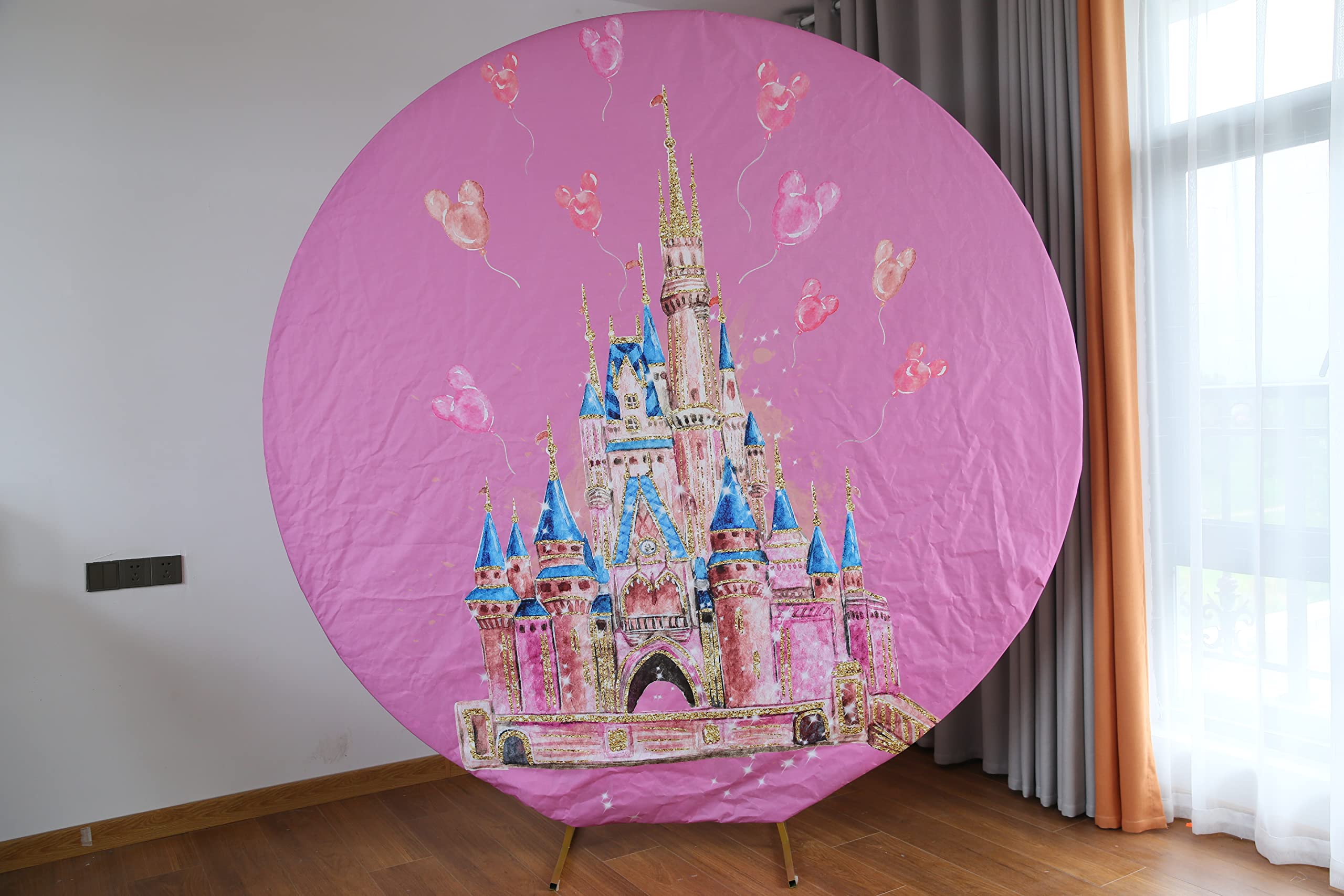 iydoda Baby Girl Birthday Party Decoration 7.5ft Diameter Round Backdrop Pink Castle Golden Cartoon Background Blue Shield Pattern Washable Ironable Fabric