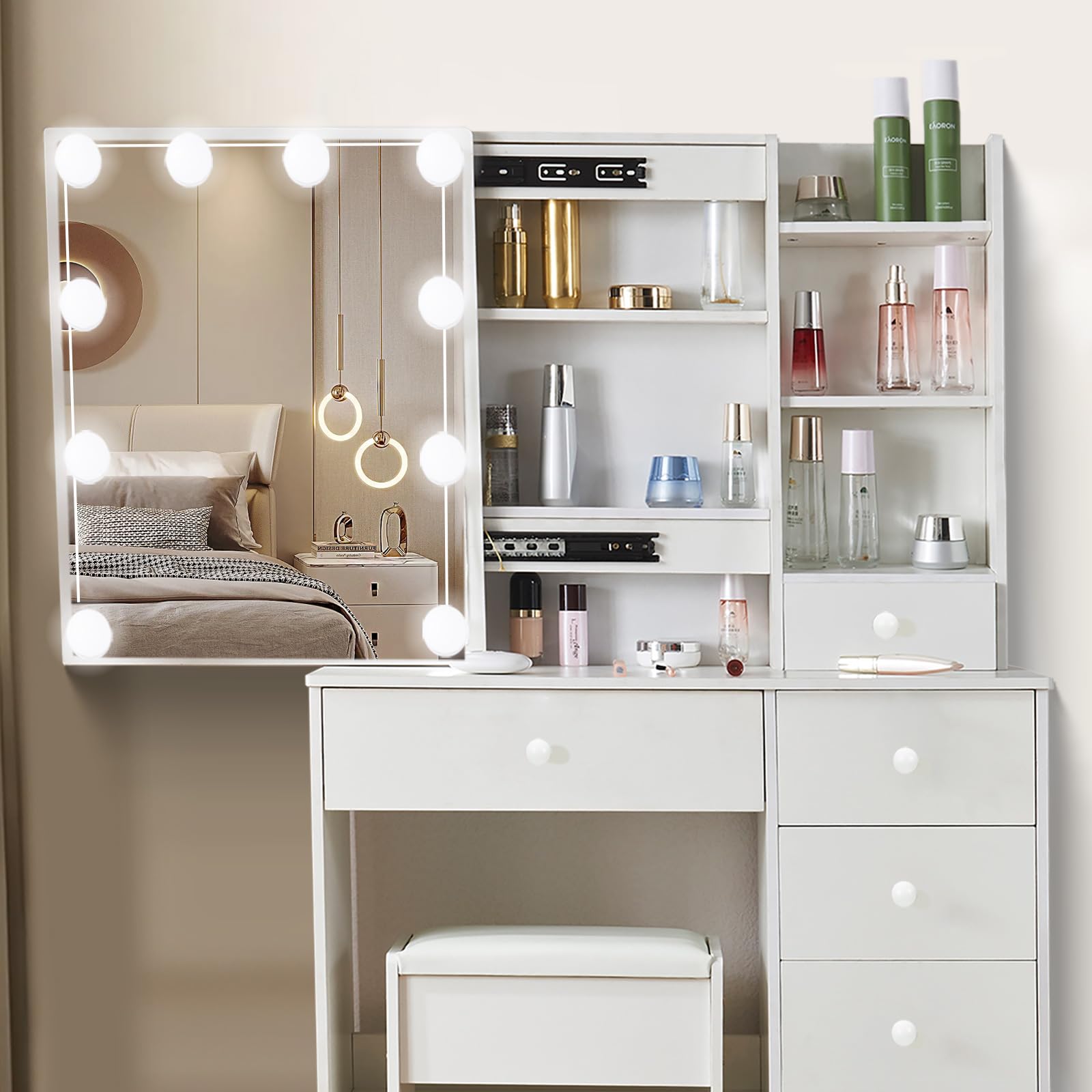 Guanglai Vanity Set with Sliding Mirror and Light, Vanity Dressing Table with 5 Drawers and Open Shelf, 2024 New Makeup Dresser, Vanity Desk with Stool for Christmas Day