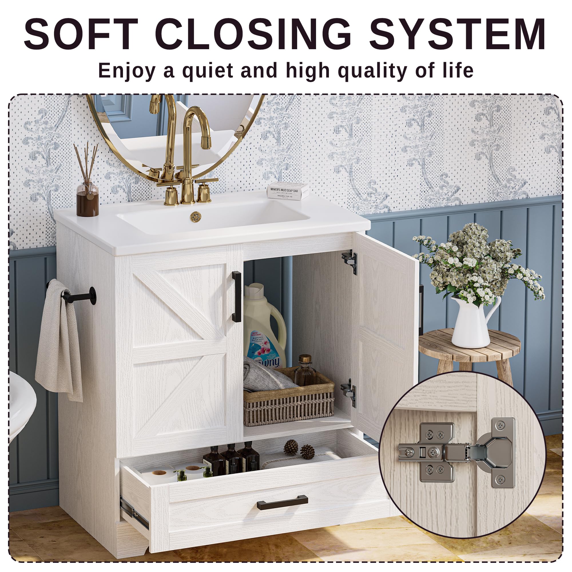 IRONCK Bathroom Vanity, 24" Bathroom Vanity with Sink, Farmhouse Wood Fixture Stand Pedestal Bathroom Cabinet with Drawer, Easy Assembly