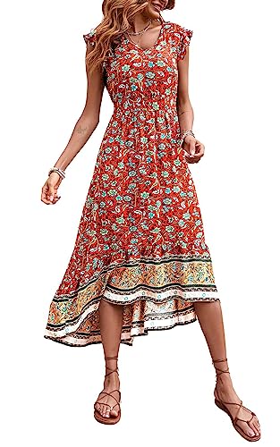 PRETTYGARDEN Long Dress for Women Cap Sleeves V Neck Summer Floral Beach Maxi Dresses Red