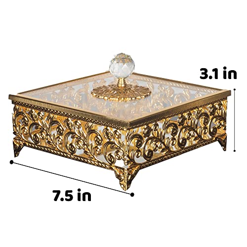 Handmade Napkin Holder for Table, Antique-Looking Fancy Gold Napkin Dispenser for Kitchen, Rustic Metal Napkin Basket with Lid, Square, 7.5 in (Gold)