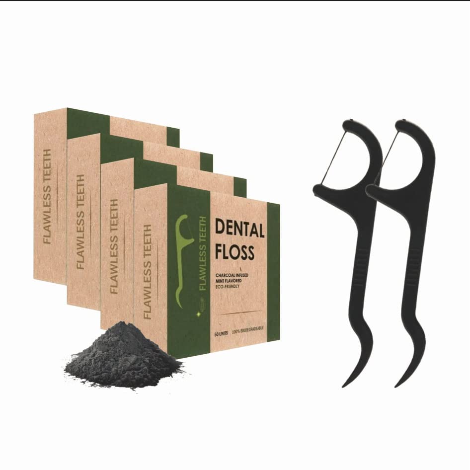FLAWLESS TEETH Dental Floss Picks | Charcoal Infused Biodegradable | Mint | 200 Count, Black