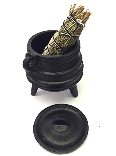 New Age Imports, Inc. Cast Iron Cauldron w/handle & lid, ideal for smudging, incense burning, ritual purpose, decoration, halloween decoration, candle holder, etc. (Ribbed Style 4" High, 2.25" Dia)