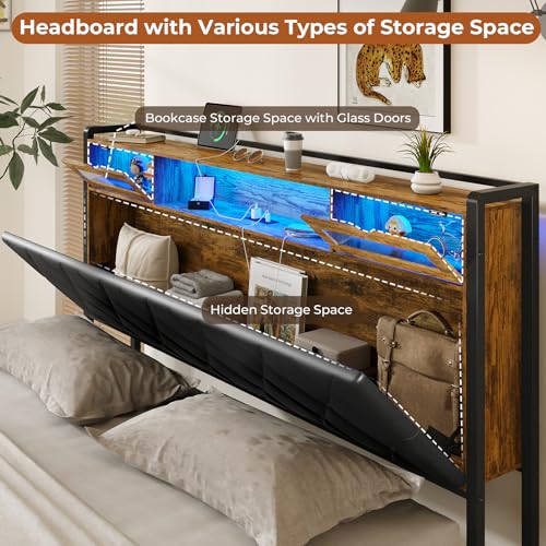 DICTAC King Size Bed Frame with Storage Headboard and Led Lights,Metal Platform Bed Frame King Size with Headboard and Charging Station,Rustic Brown
