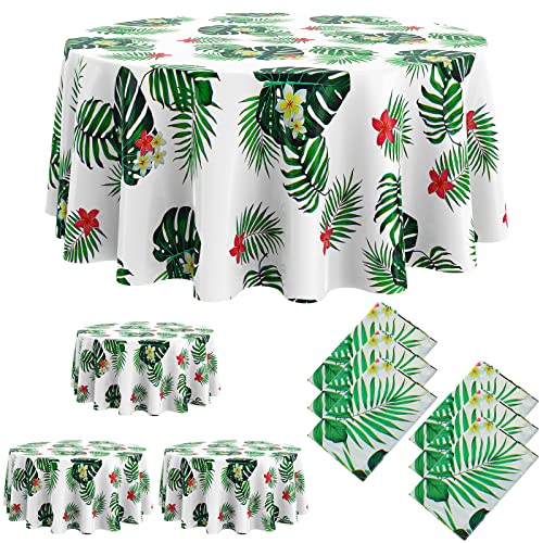 Oudain 3 Pieces Hawaiian Tablecloth 84 Inch Luau Tropical Flower Round Table Cloth Plastic Disposable Palm Summer Table Cover for Beach Birthday Kid Party Decorations Supplies (Fresh Style)