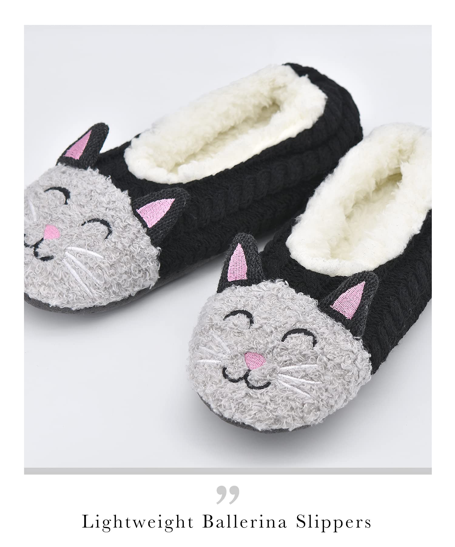 DICUIRD Womens Cozy&Warm Animal Slipper Socks with Grippers-House Socks(Black Cat, 8-10)