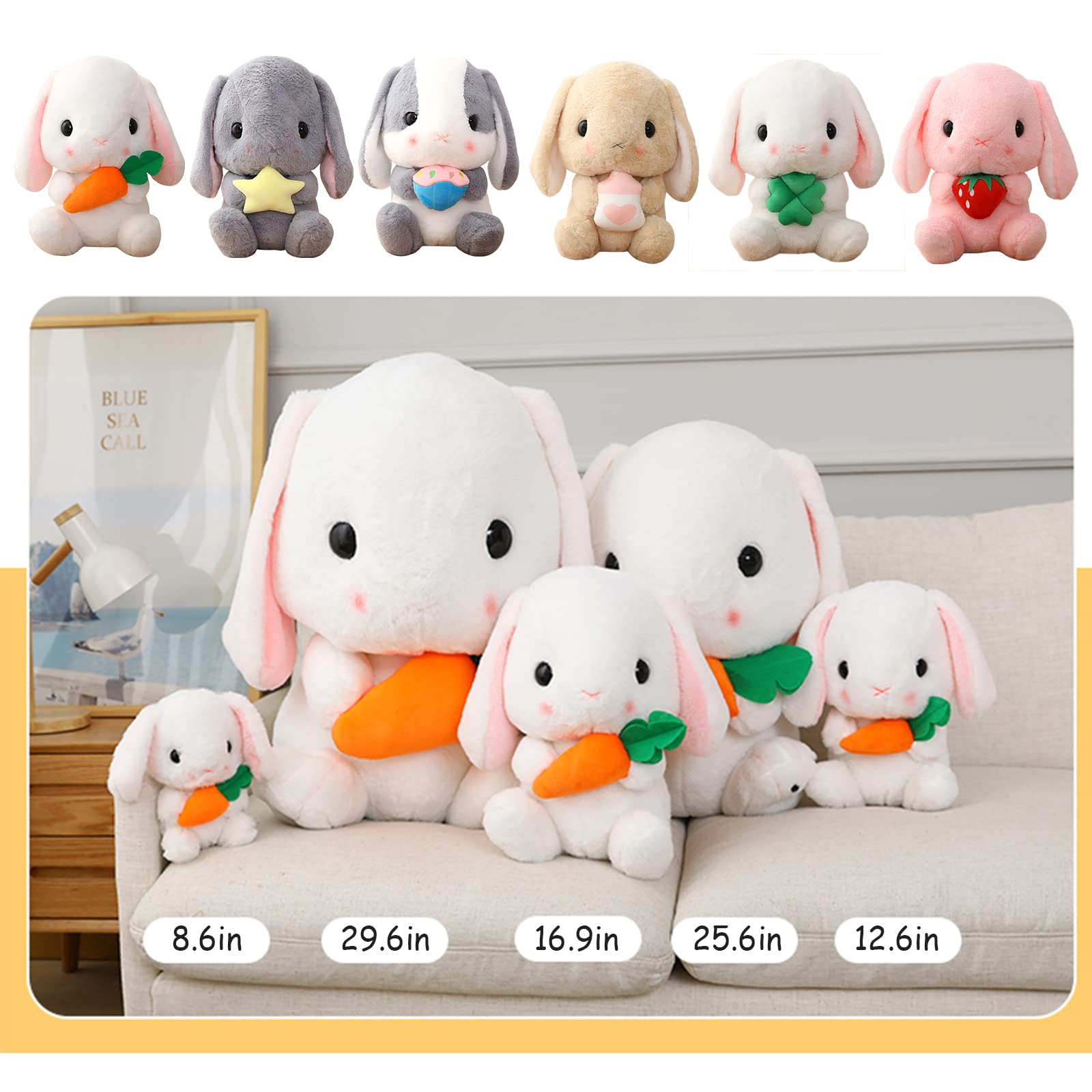 Enhopty Bunny Stuffed Animal Easter Eared Rabbit Plush Cuddly White Bunny Plushie Toy with Carrot Fluffy Kawaii Soft Hugging Sleeping Pillow
