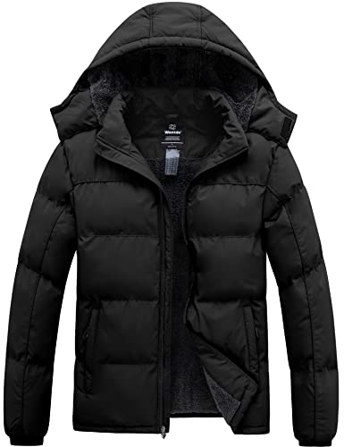 Wantdo Men's Warm Puffer Jacket Thicken Waterproof Winter Coat with Hood (Black, Medium)