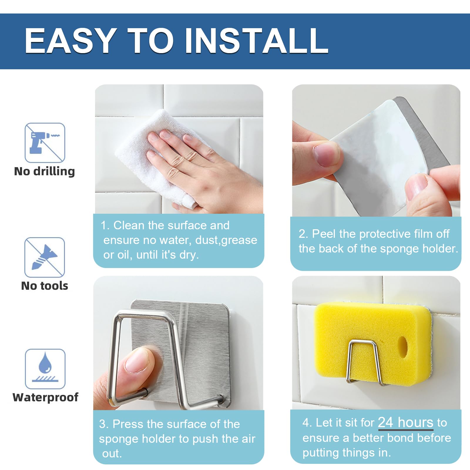 Eksinzenith 2Pcs Sponge Holder for Kitchen Sink,Strong Adhesive Small Sponge Holder,Sink Holder for Brush and Sponge,Premium Rustproof SUS304 Stainless Steel Rust Proof Waterproof (Silver)
